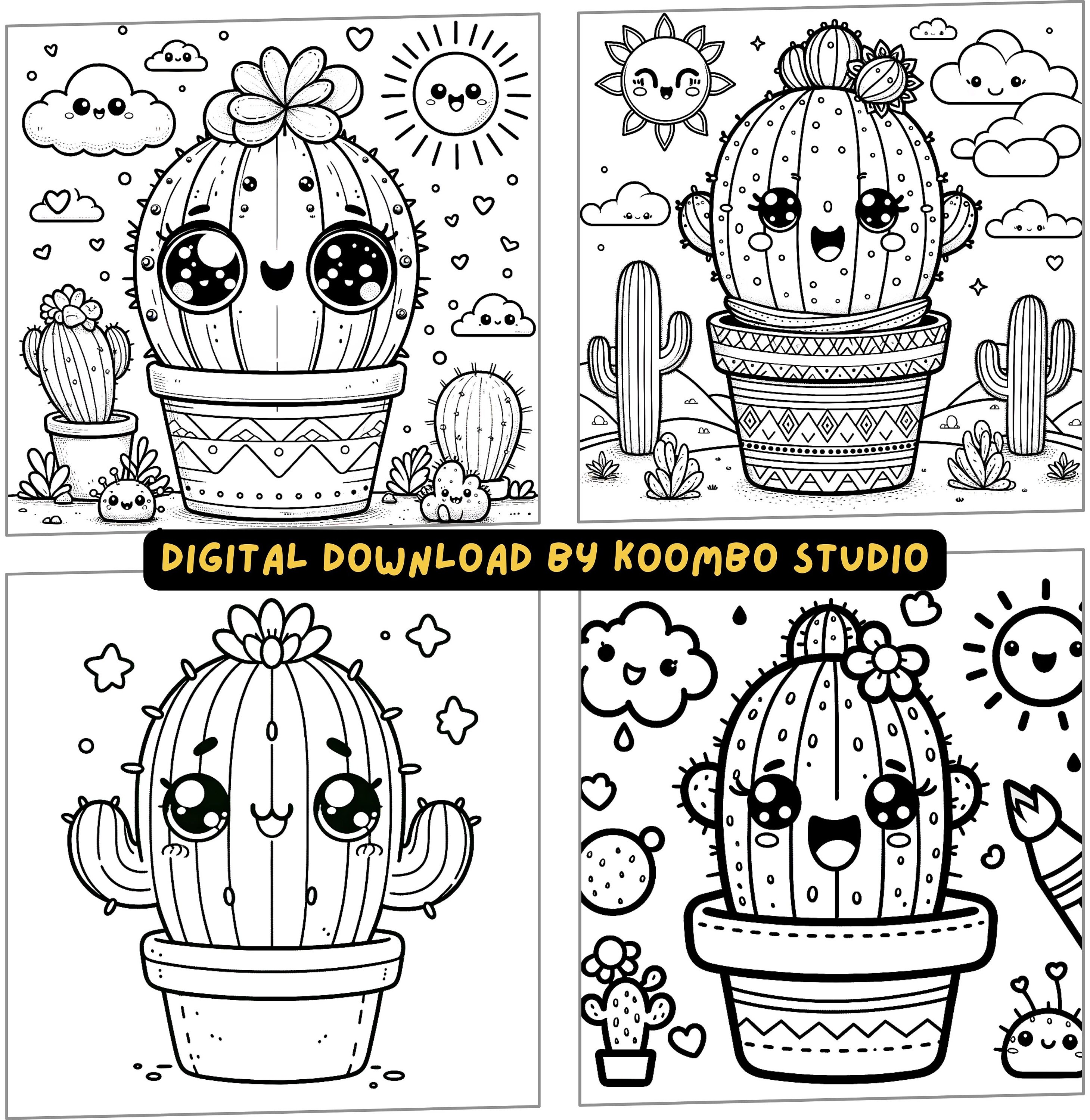 Cute Cactus Kawaii Coloring Pages 20 Pages Cute Coloring Pages for Kids ...