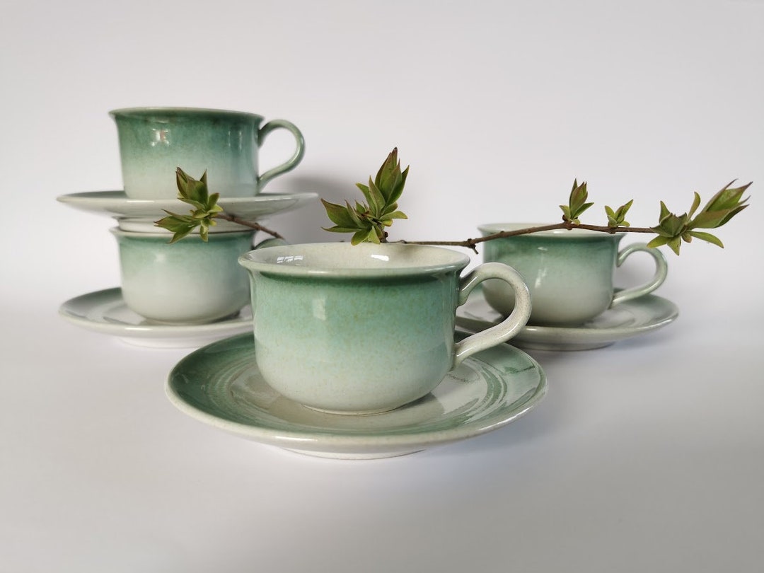 Set of 4 Vintage Hoganas Keramik, Sweden Park Green Cups With Saucers ...
