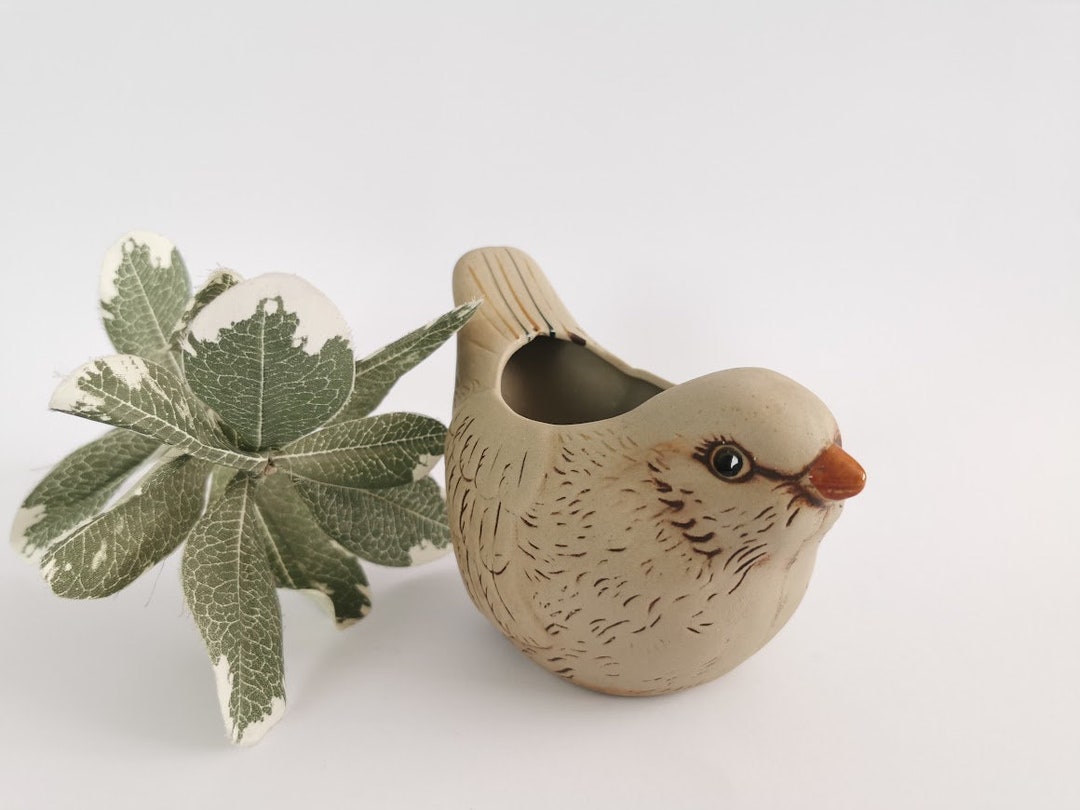 Vintage Scandinavian Rustic Ceramic Bird, Flower Pot. Brown Garden Bird ...