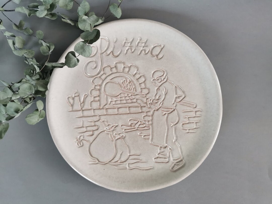 Vintage Ceramic Pizza Plate. White Ceramic, Hand Made Decoration. Two ...