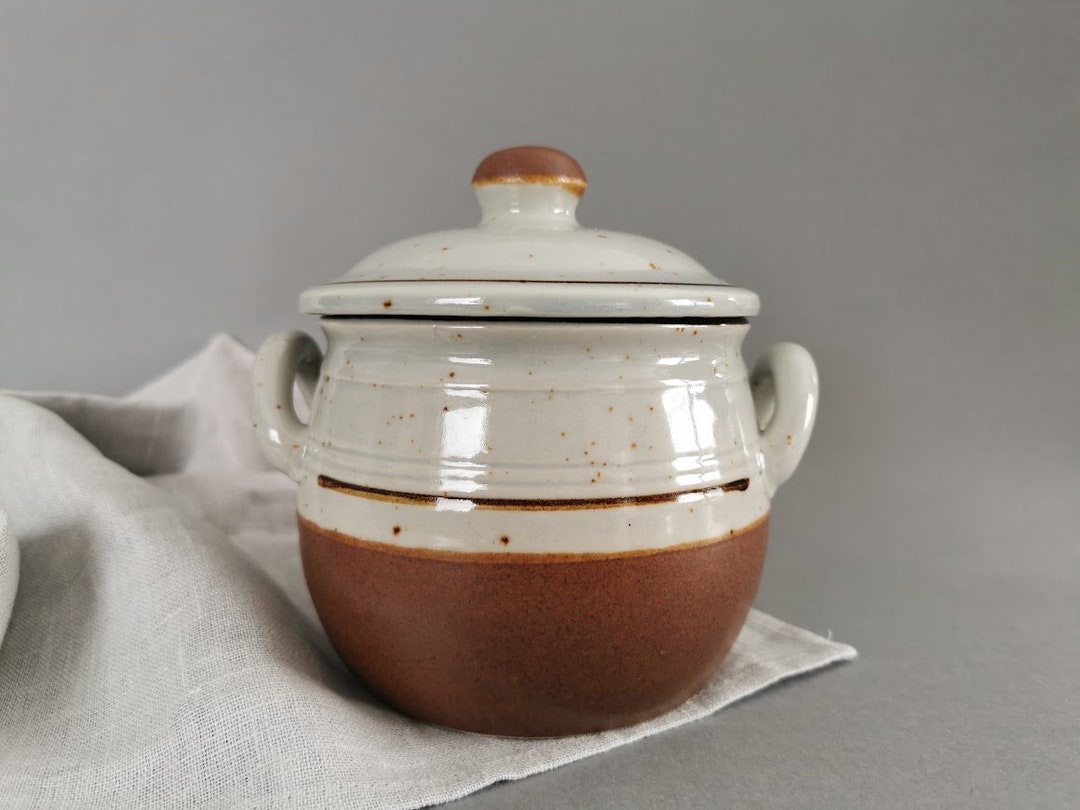 Vintage Stoneware Pot With Handles and Lid. Half Glazed Country or ...