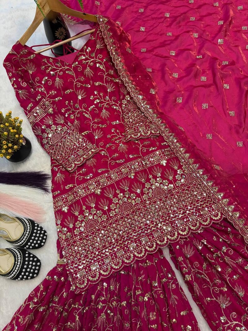Rose Pink Embroidered Sharara Suit | Heavy Sequins Work Party Wear ...