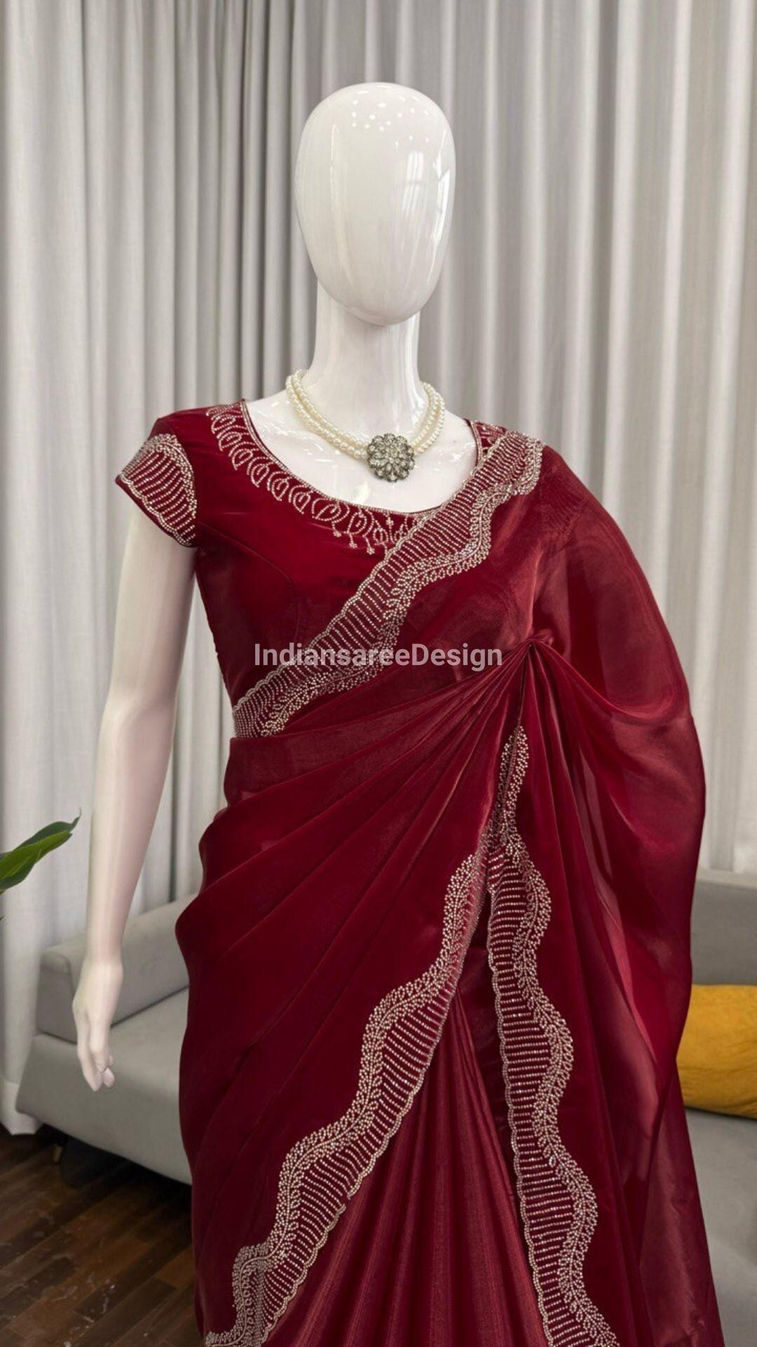 Designer Hot Fix Embellished Saree: Jimmy Chu Fabric, Unstitched Blouse ...