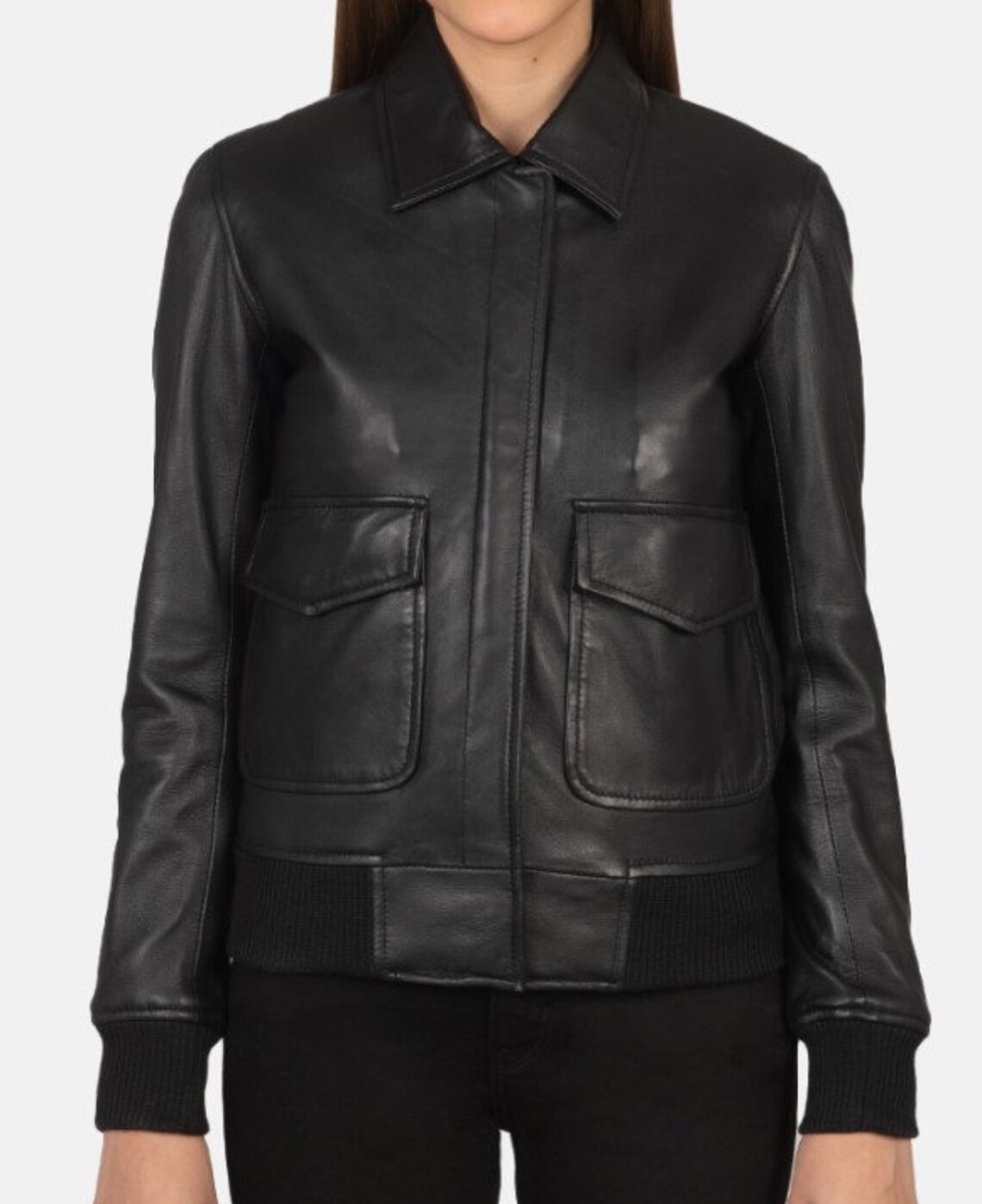 Womens Bomber Leather Jacket in Jet Black - Etsy