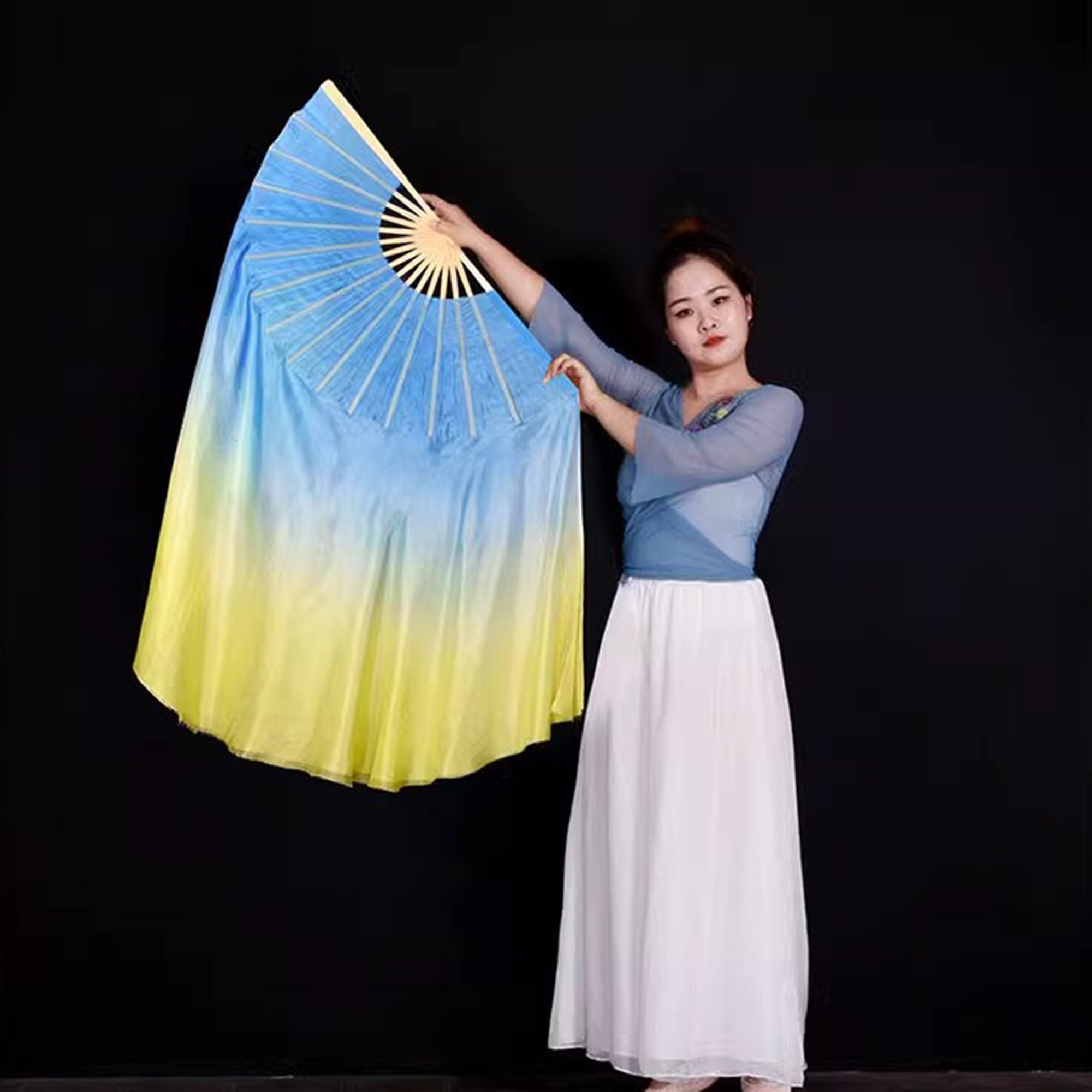 Silk Dance Fan, Blue and Yellow Gradient Fan,classical Dance Fan,100% ...