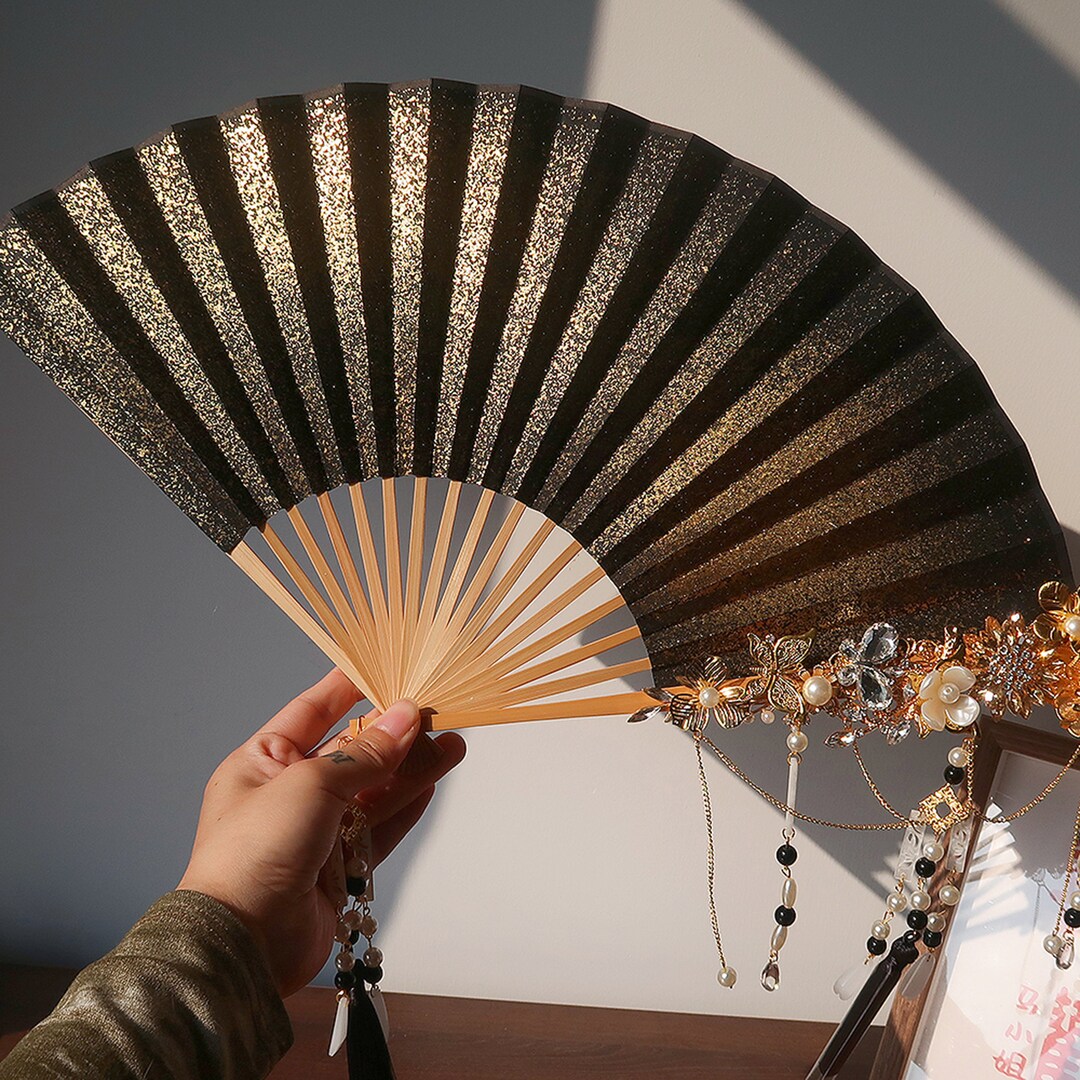 Gold Sprinkled Tassels Folding Fan, Chinese Folding Fan, Ancient Style ...