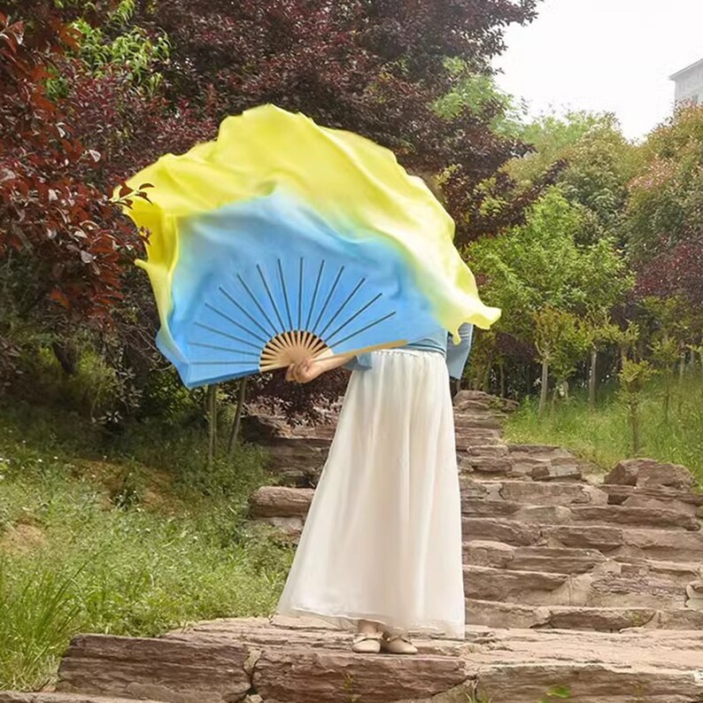 Silk Dance Fan, Blue and Yellow Gradient Fan,classical Dance Fan,100% ...