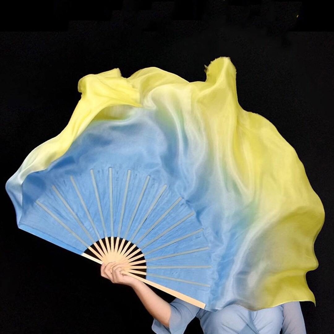 Silk Dance Fan, Blue and Yellow Gradient Fan,classical Dance Fan,100% ...