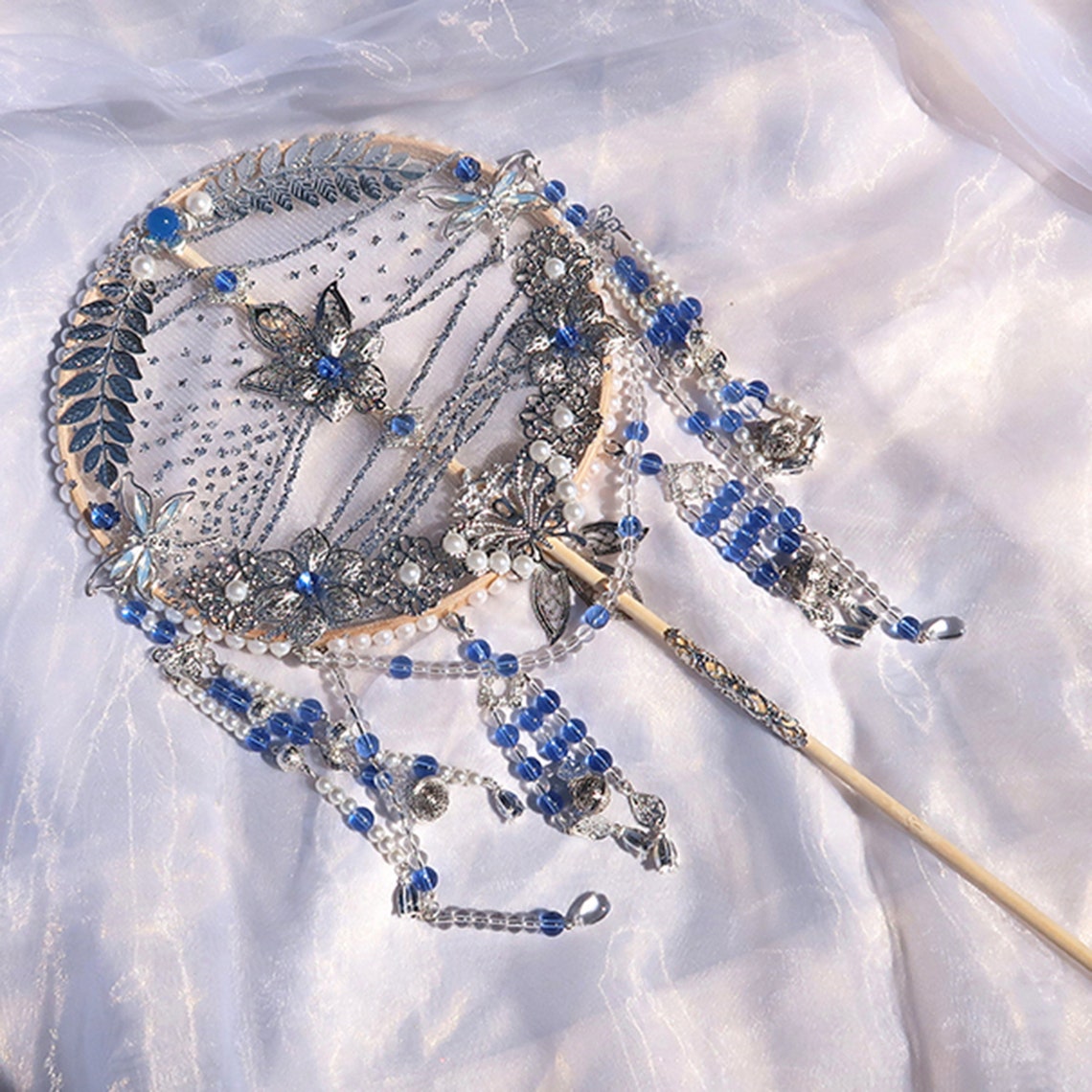 Original Hand-beaded Round Fan, Heavy-duty Tassel Fan, Long-handled ...