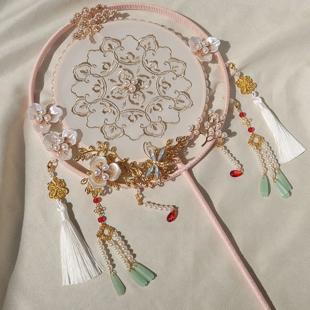 Antique Embroidery Fan, Light Pink Fan, Champagne Fan, Bridal Fan ...