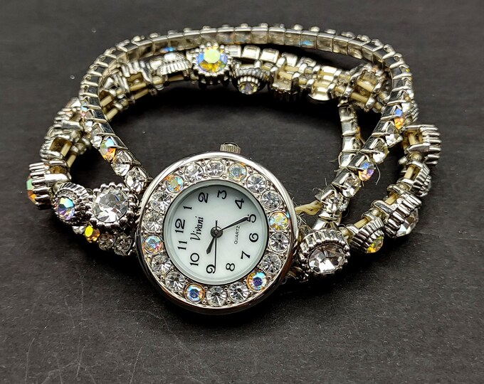 Vintage Vivani Watch Aurora Borealis Rhinestone AB Stretch Bracelet ...