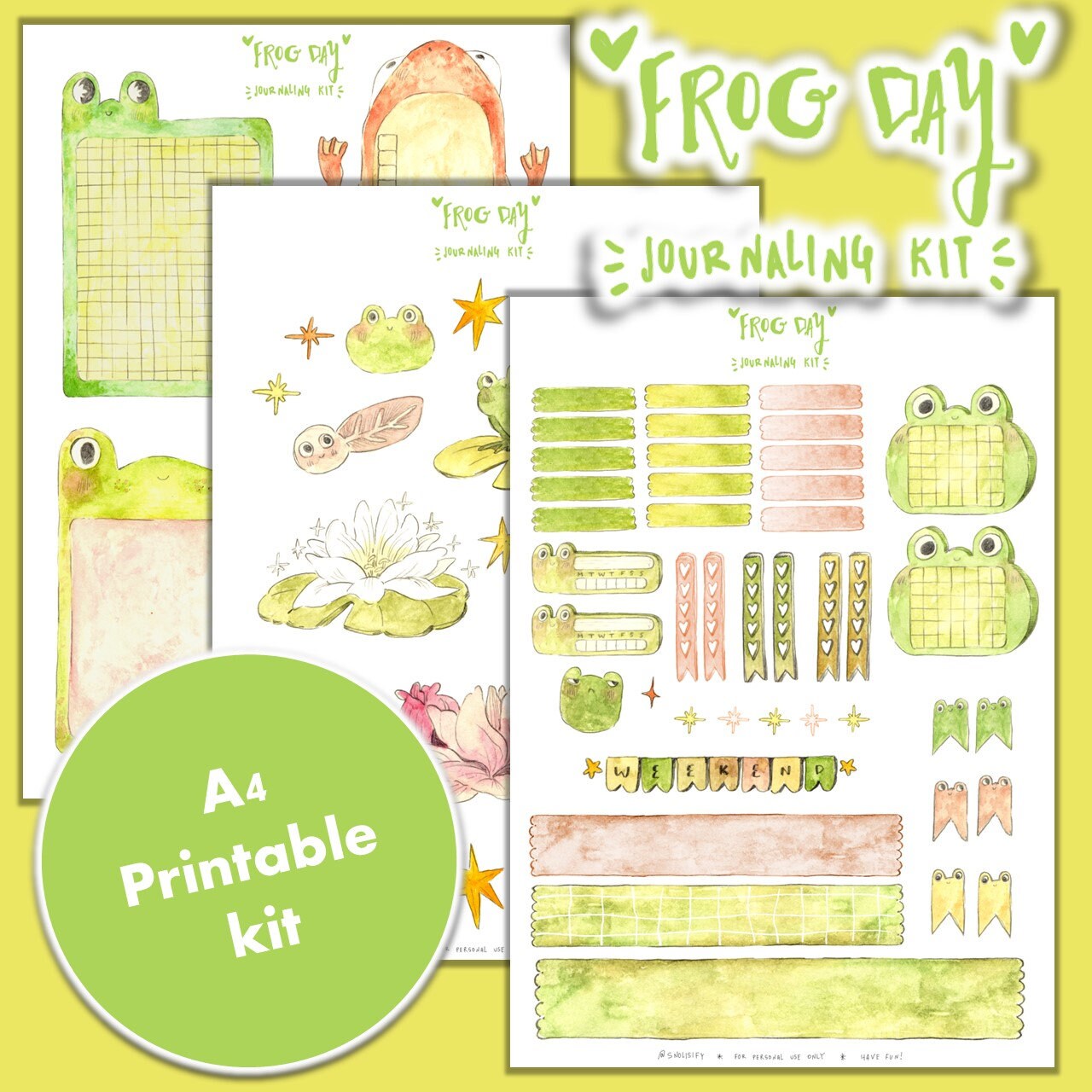 Frog Day Bullet Journal Printable Kit Cute Watercolor Illustrated ...