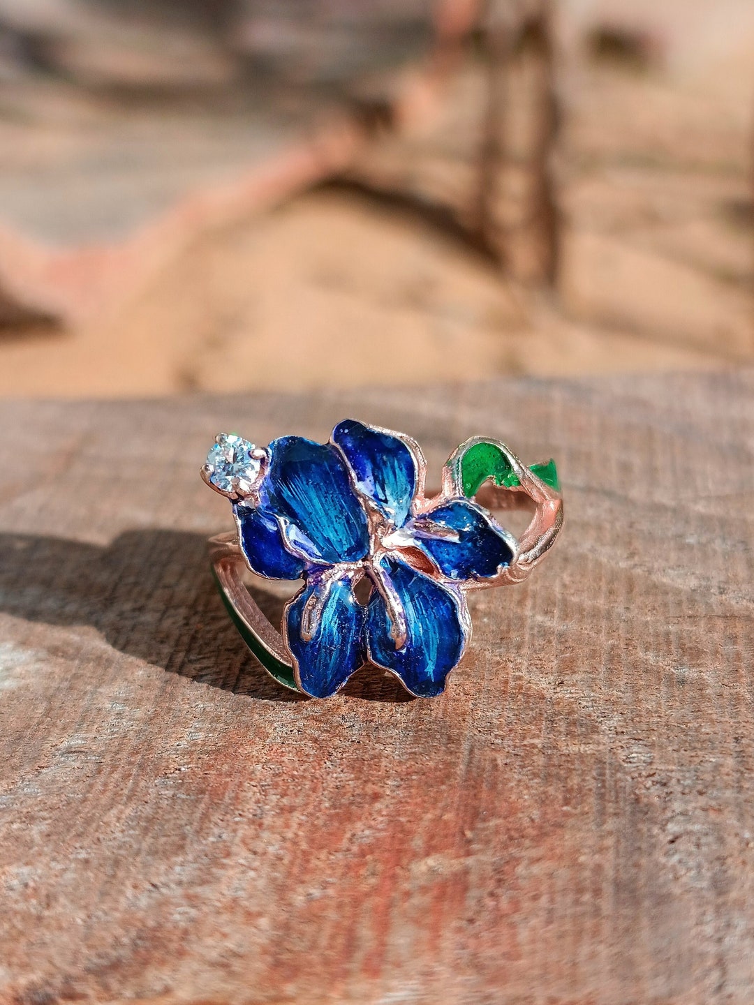 Antique Enamel Iris Ring, Engagement Ring , White Moissanite Ring ...