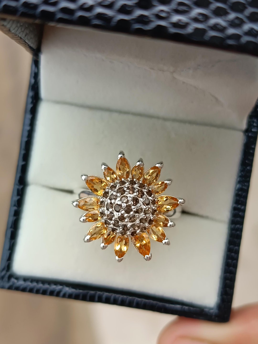 Sunflower Citrine and Smoky Quartz Ring - 925 Sterling Silver - Etsy