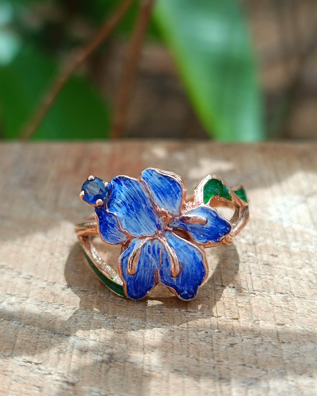 Enamel Iris Ring: Sterling Silver Gold Engagement Ring With Blue ...