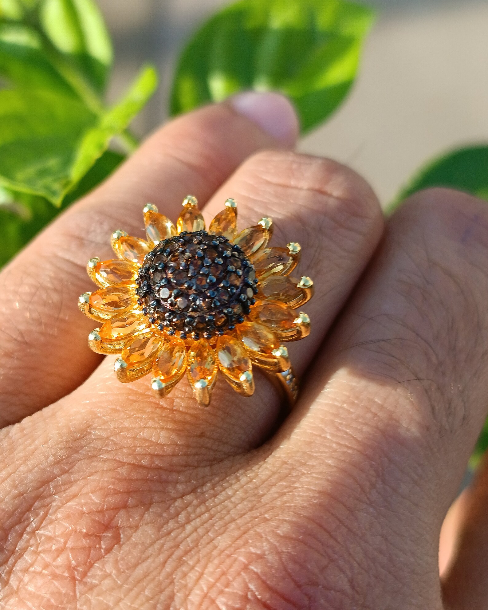 Sunflower Citrine Smoky Quartz Ring: 925 Sterling Silver, Gold Plated ...