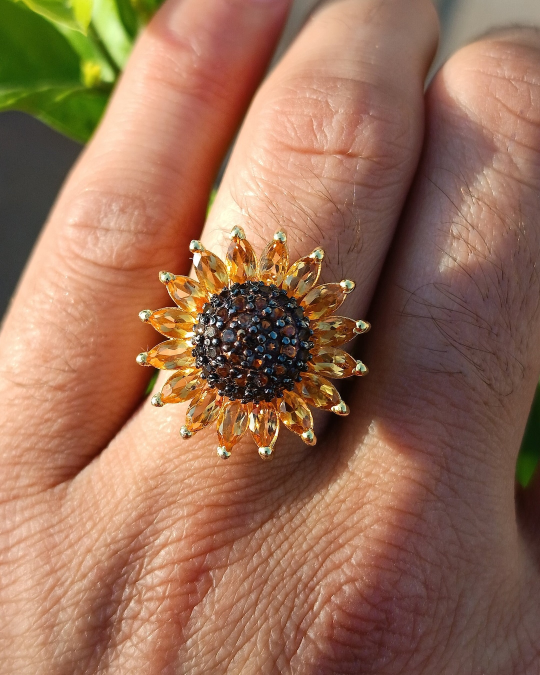 Sunflower Citrine Smoky Quartz Ring: 925 Sterling Silver, Gold Plated ...