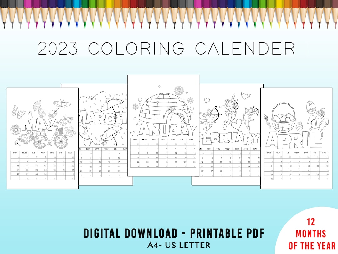 2023 Printable Coloring Calendar for Kids, 12 Month Coloring Calendar ...