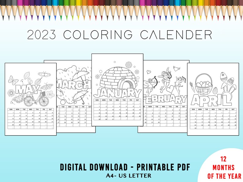 2023 Printable Coloring Calendar for Kids 12 Month Coloring - Etsy Canada