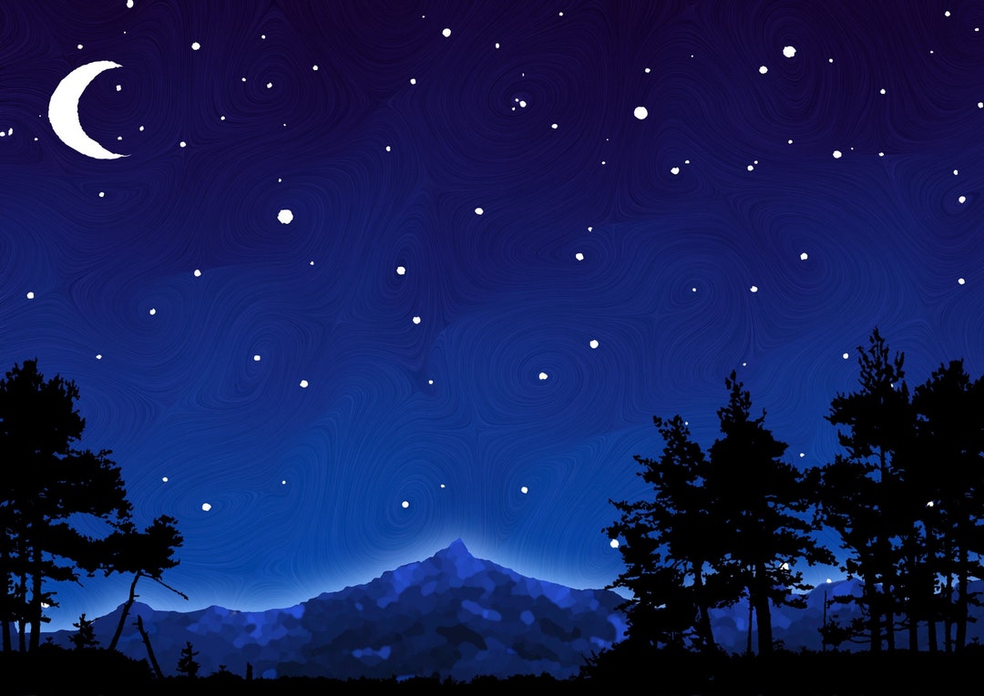 Night Scene Moon and Stars Glow in Dark Print - Etsy