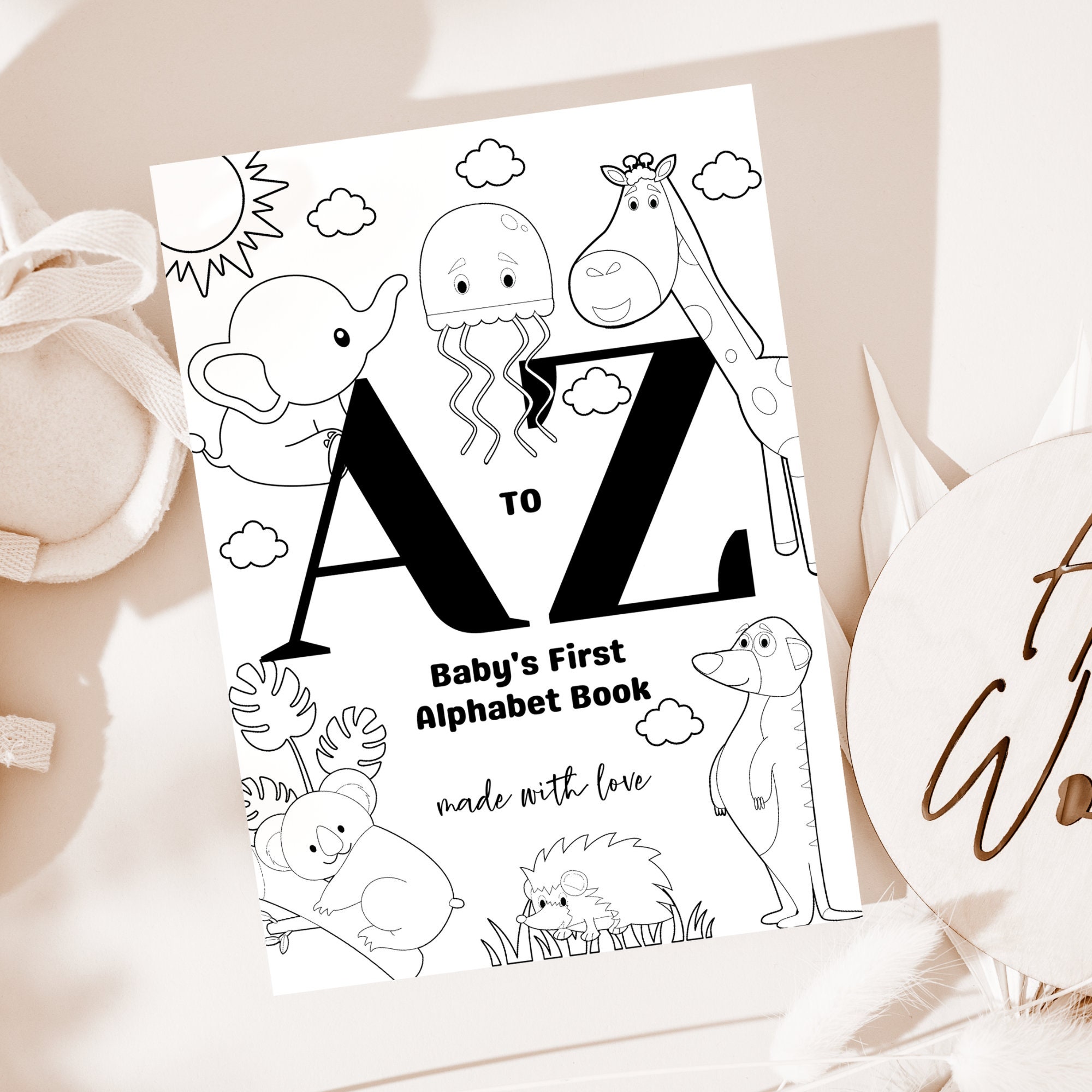 Printable A-Z Baby Shower Coloring Book Cute Animal Alphabet Pages for ...