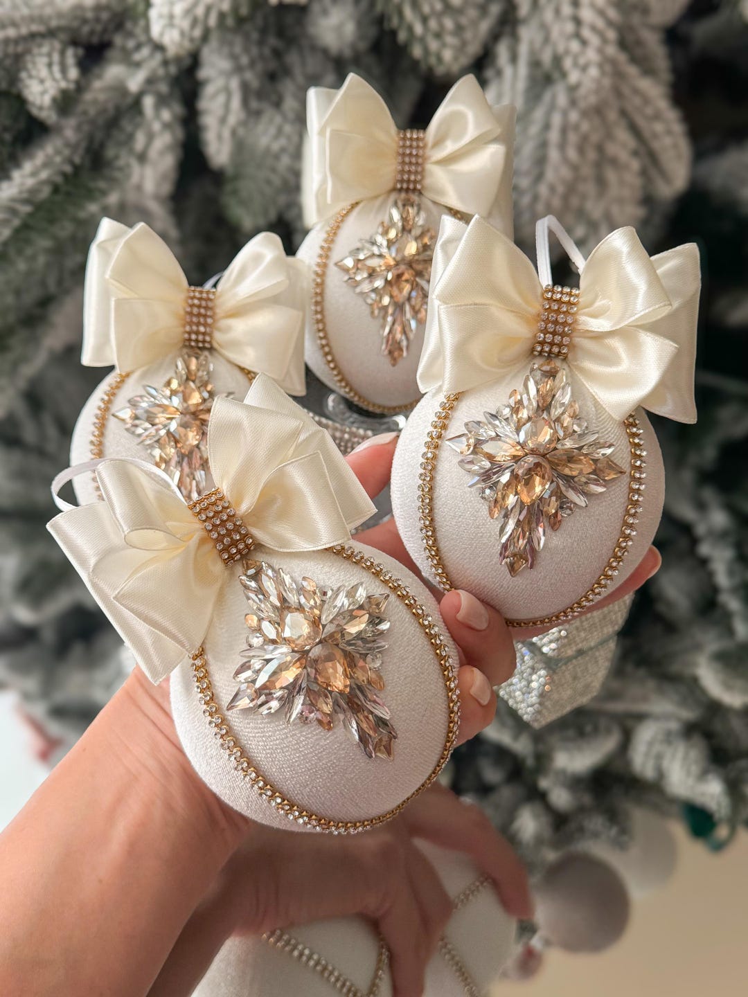 Ivory Velvet Christmas Baubles: Rhinestone Tree Ornaments (3.15"/4") - Etsy