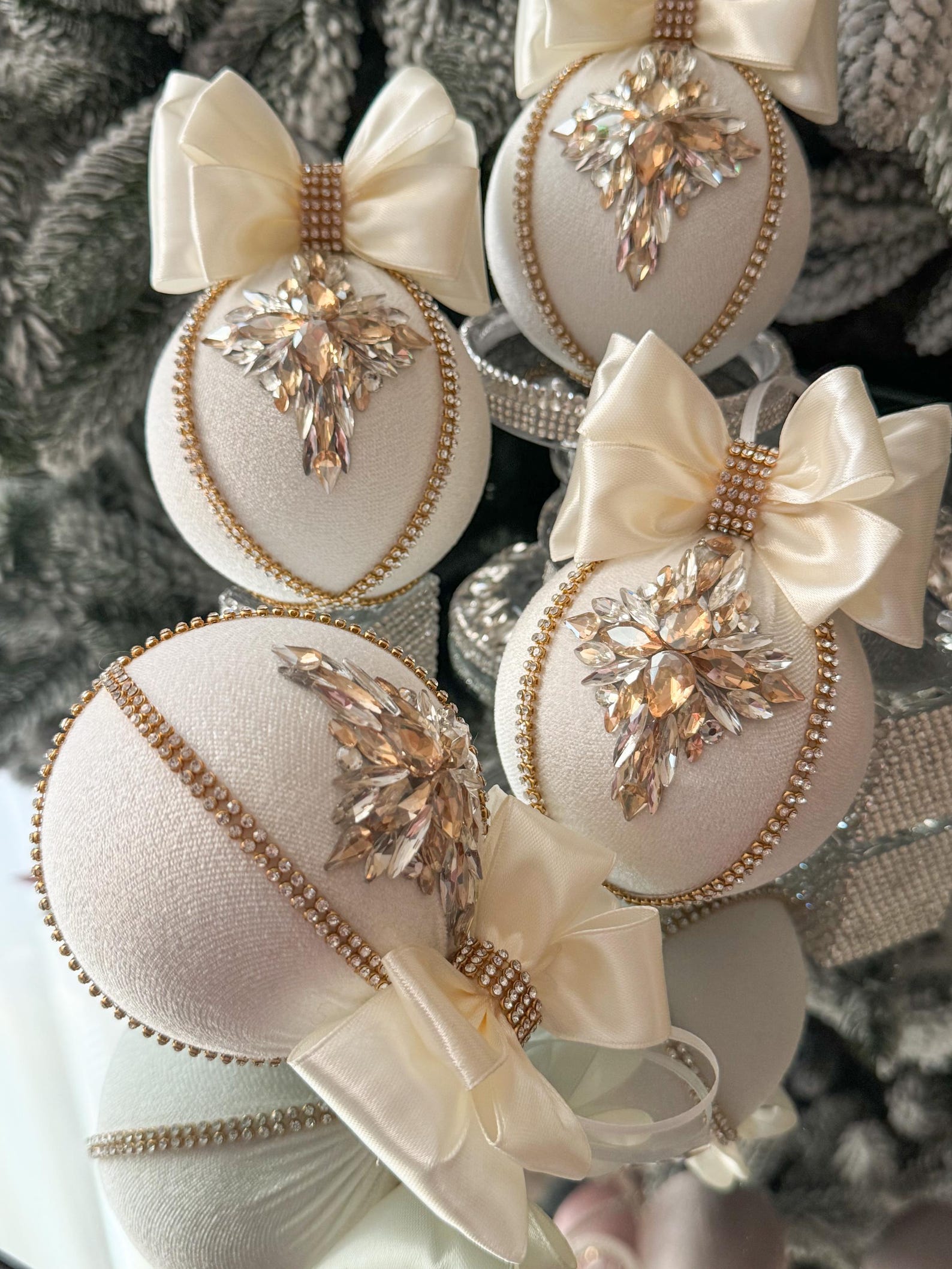 Ivory Velvet Christmas Baubles: Rhinestone Tree Ornaments 3.15 4 Inch ...