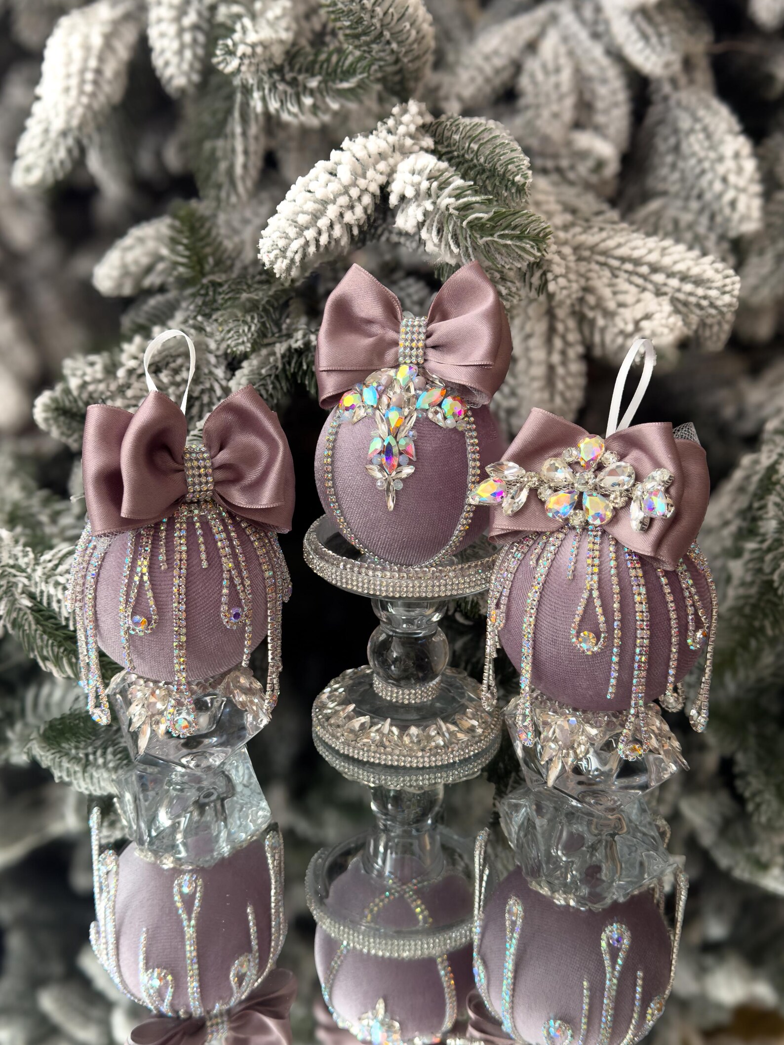CHRISTMAS DUSTY MAUVE Tree Ornaments 3.15” Velvet Baubles for Holiday ...