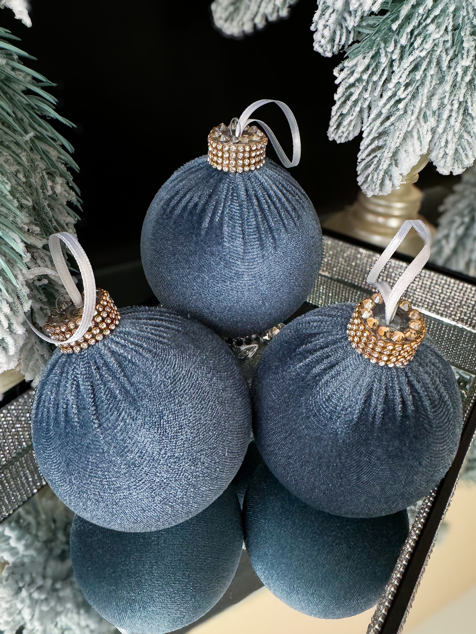 Dusty Blue Velvet Christmas Tree Ornaments 3.15"/4" Handmade Baubles ...