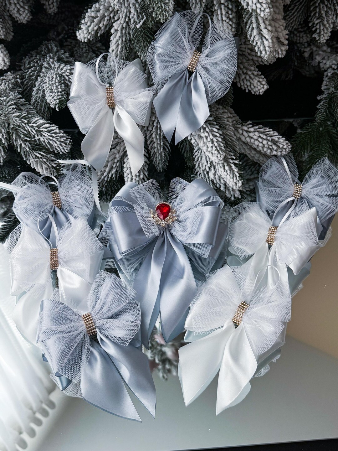 DUSTY BLUE CHRISTMAS Tree Bows and Topper for Xmas Tree,blue Satin ...