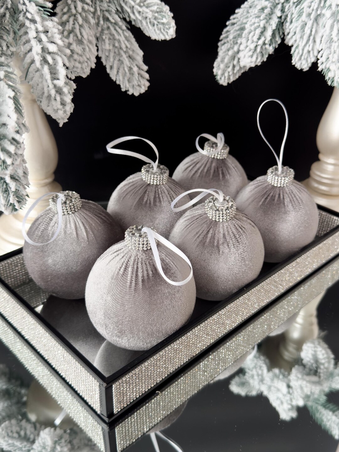 Silver Christmas Baubles Velvet Christmas Ornament 12pcs Tree Deco Set ...