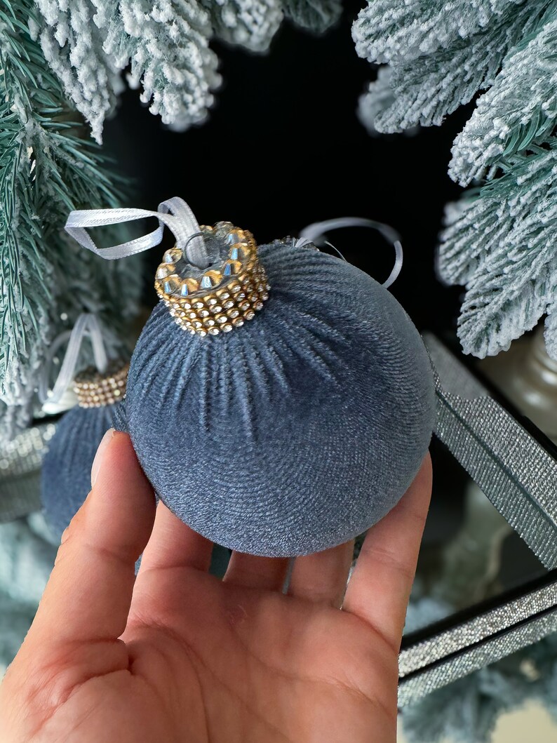Dusty Blue Velvet Christmas Tree Ornaments 3.15"/4" Handmade Baubles ...