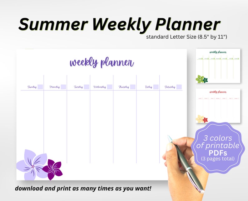 8.5" by 11" Printable Weekly Summer Planner | Summer Schedule Planner ...