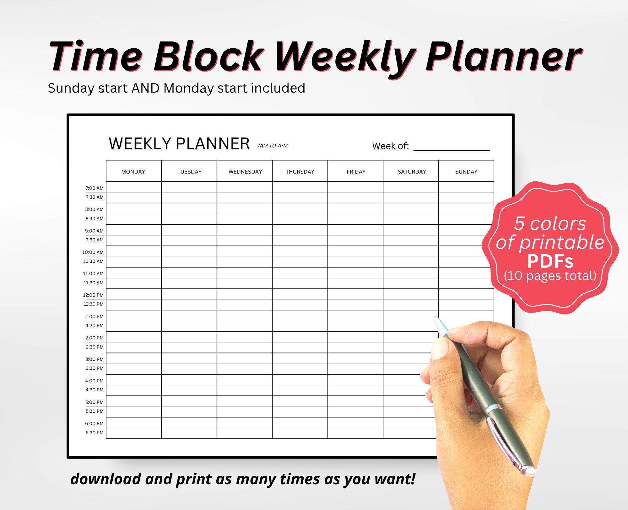 Time Blocking Printable Planner | 12 Hour Daily Planner With 30 Minute ...