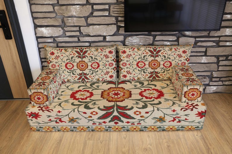 Boho Kilim Printed U Full Set, Turkish Rug Upholstered Floor Sofa ...