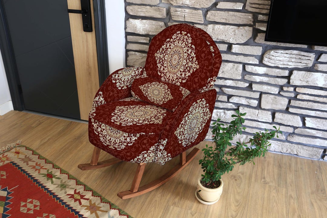 Luxury Burgundy Rocking Chair, Upholstered Anatolian Medallion Print ...