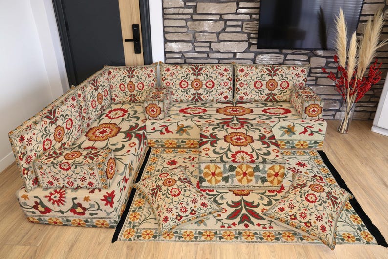 Boho Kilim Printed U Full Set, Turkish Rug Upholstered Floor Sofa ...