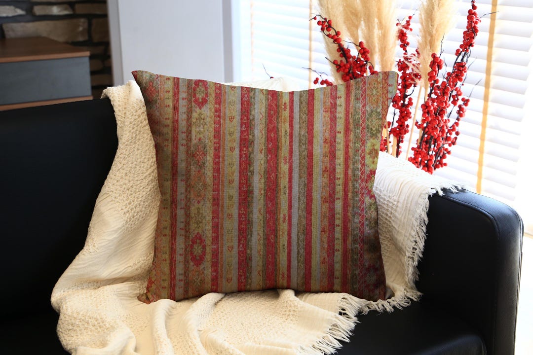 Muted Red and Beige Striped Square Throw Pillow, Warm Vintage Floral ...