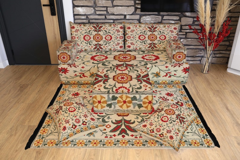 Boho Kilim Printed U Full Set, Turkish Rug Upholstered Floor Sofa ...