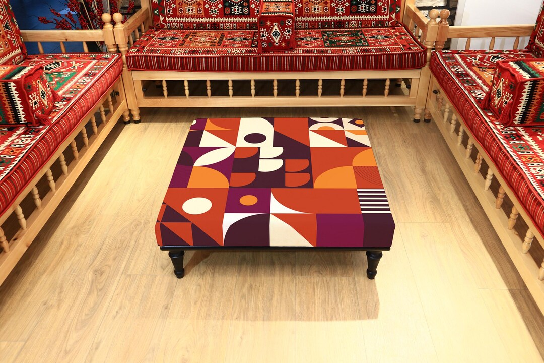 Geometric Ottoman Footstool, Colorful Square Footstool With Orange ...