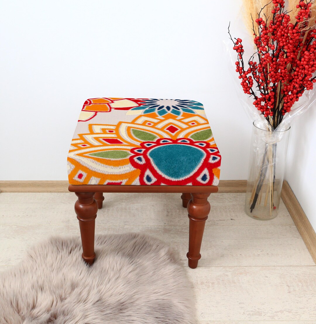 Comfy Stool With Colorful Floral Design, Upholstered Square Seat ...