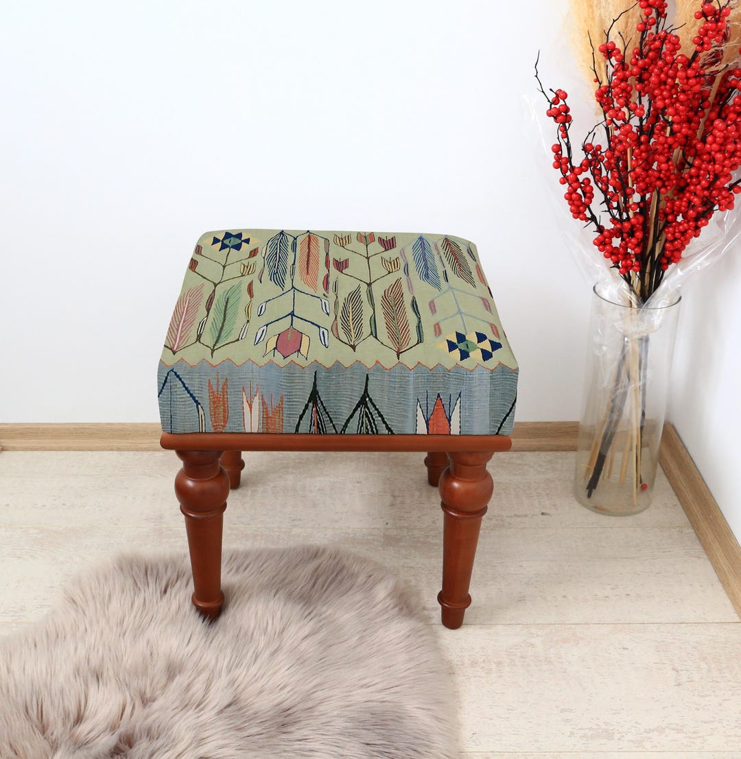 Rustic Square Pouf Stool With Mini Floral Motif, Kilim Inspired Ottoman ...