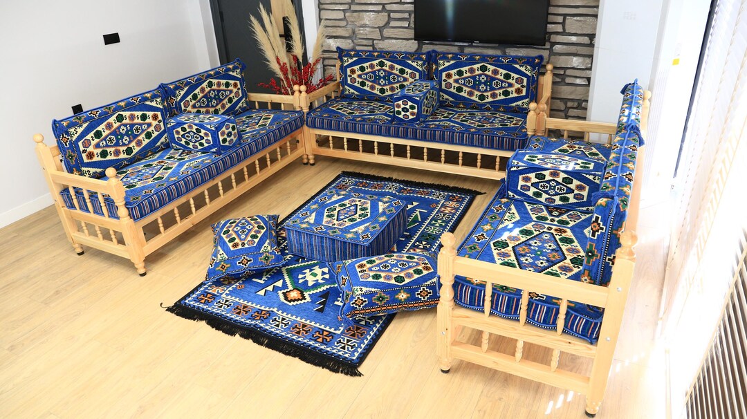 Sax Blue Colored Bench, U FULL SET Wooden Bench With Kilim Sofa ...