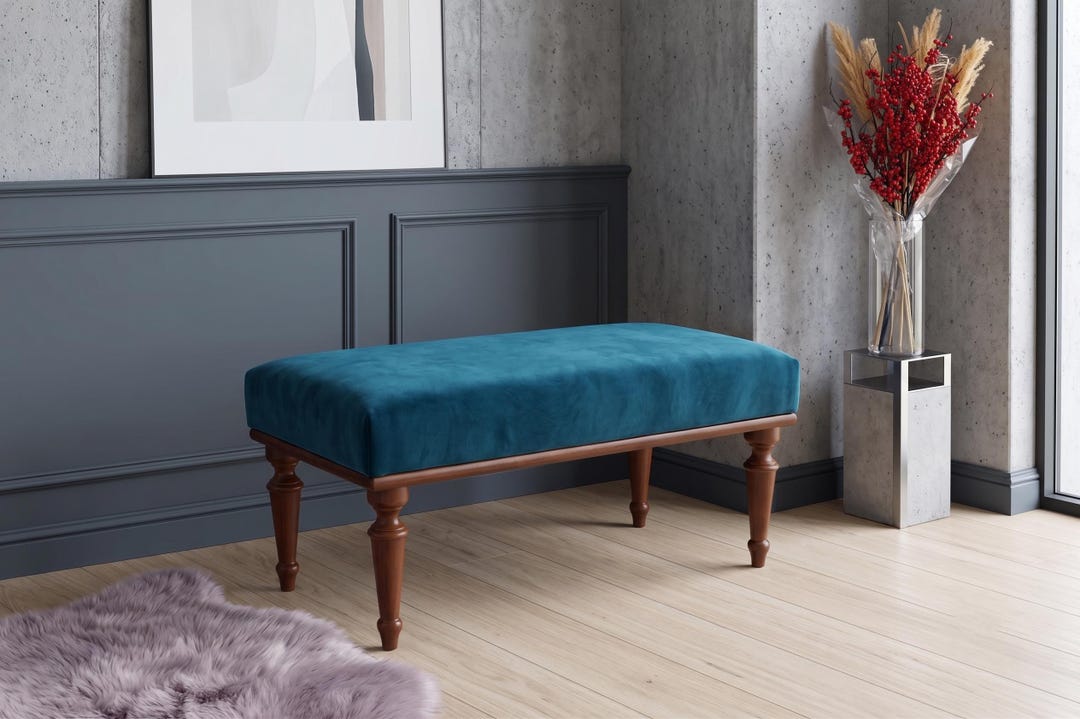 Modern Boho Teal Blue Velvet Bench Seat – Elegant Handcrafted Living ...