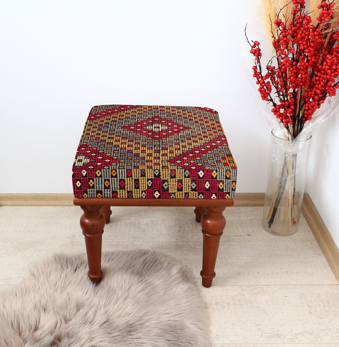 Vintage Boho Bench, Retro Kilim Seat, Handcrafted Ethnic Ottoman, Cozy ...