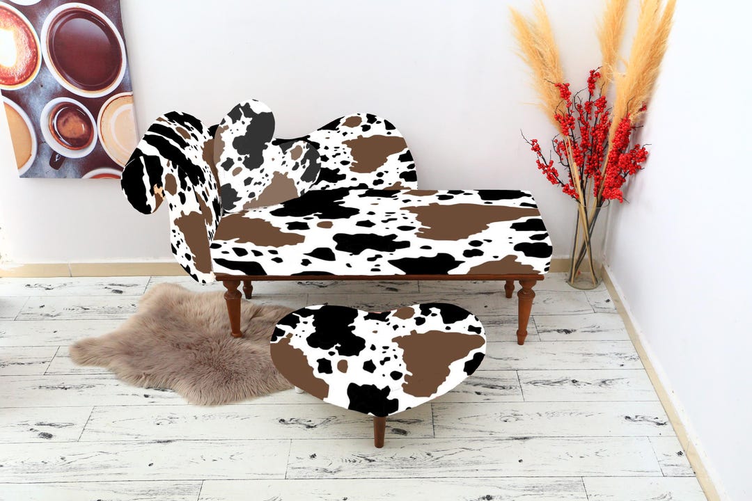 Cow Print Chaise Lounge, Western Decor Entryway Bench With Heart ...