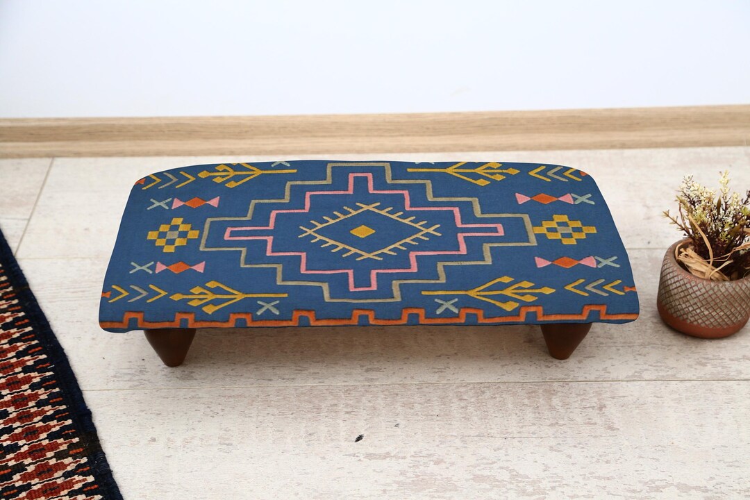 Soft and Comfy Wooden Leg Footstool With Geometric Aztec Motif and ...