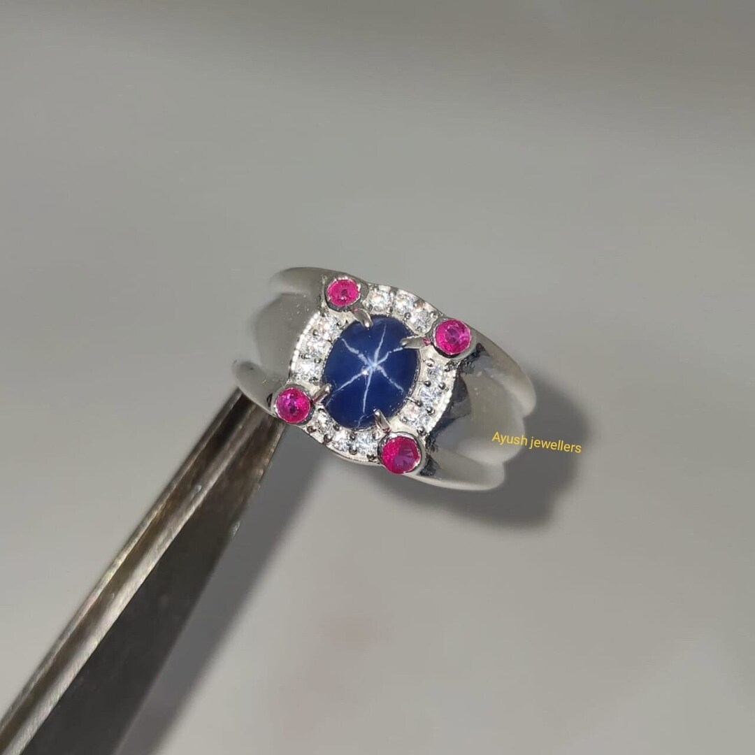 Men's Star Sapphire Ring 925 Solid Sterling Silver Ring Blue Star ...