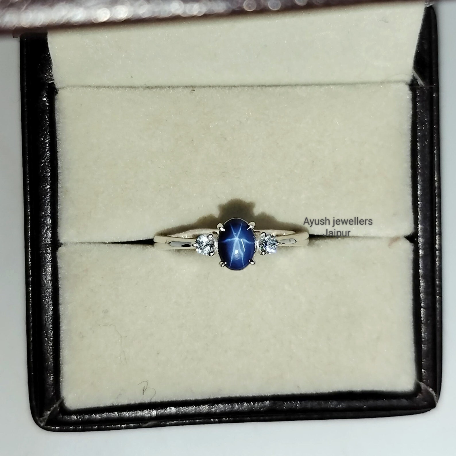 Blue Star Sapphire Ring: Oval Gemstone, Sterling Silver, CZ Diamond - Etsy