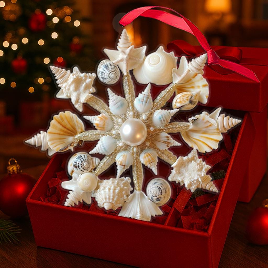 2D FLAT Coastal Christmas Seashell Snowflake Ornament, Aqua Crushed ...